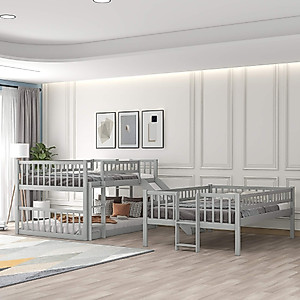 HABUHOME Full-Over-Full-Over-Full Bunk Bed with Built-in Ladder and Slide, Wooden Triple Bunk Bed with Guardrails,Gray