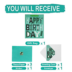 13" Large Green Gift Bags Set with Greeting Card and Tissue Papers (Green Happy Birthday) for Men's or Women's Birthday Parties, Boys', Girls', or Kids' Parties, Baby Showers, Baby Boys or Girls-