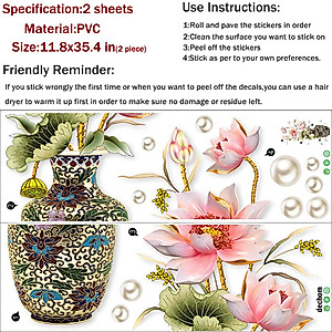 Dechom Chinese Style Lotus Flower Classical Vase Wall Sticker Pearl Living Room Art Wall Decals Home Entrance Backdrop Decoration