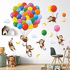 DECOWALL SG-2202 Balloons and Monkeys Wall Decals Stickers Kids Peel and Stick Removable Nursery Bedroom décor Room air hot Living Baby Decoration Art playroom Animals Girls Cloud Colorful Home Classroom