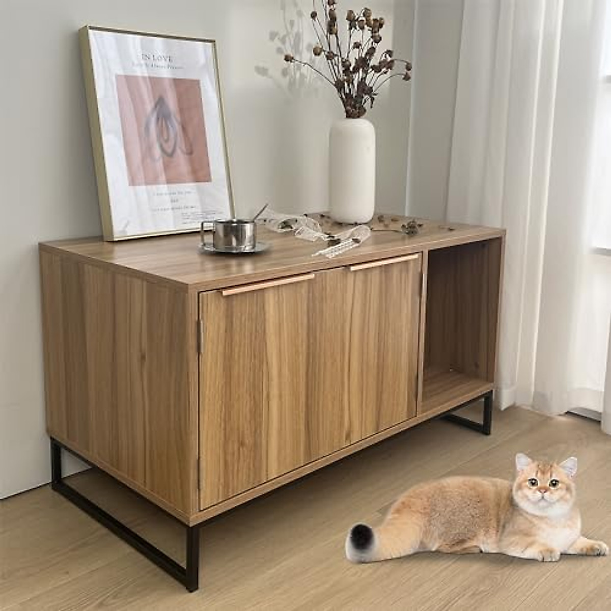 FerniTry Cat Large Litter Box Enclosure Furniture, Hidden Cat Litter Box Furniture, Kitty Litter Box Cabinet Cat Washroom Indoor Cat House as Side Table