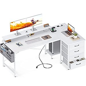 ODK 63 inch L Shaped Computer Desk with USB Charging Port & Power Outlet, L-Shaped Corner Desk with 4 Tier Drawer & Monitor Shelf for Home Office Workstation, Modern Style Writing Table, White