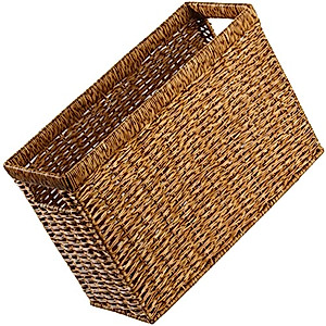 Zerodeko Imitation Rattan Hand Woven Magazine Basket, with Handles, Plastic Storage Basket Magazine Wicker Basket Hollow Handle Basket Desktop Magazine Holder