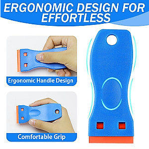 Plastic Razor Blades Scraper, 2 Pcs Plastic Scraper Tool for Car with 100 Pcs Razor Blades for Gasket Remover, Labels Decal and Adhesive Remover for Windows and Glass,Blue