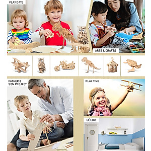 Puzzled 747 Jet Plane 3D Puzzle Wood Craft Construction Kit Aircraft, Fun & Educational DIY Wooden Toy Assemble Model Unfinished Craft Hobby Airplane Puzzle to Build & Paint for Decoration 33pcs Pack