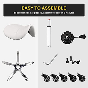 WKWKER Heavy Duty Saddle Rolling Stool with Wheels Hydraulic Swivel Adjustable Rolling Stool Ergonomic Thick Leather Seat Stool Chair for Kitchen Drafting Lab Office Salon Message Stool – White