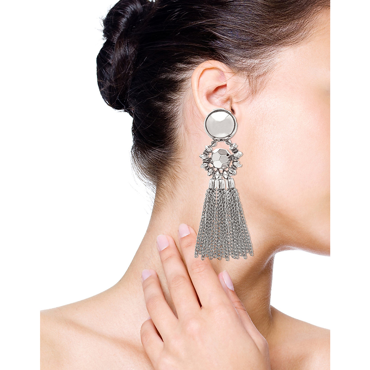 Bohemian Tassel Chandelier Dangle Earring For Women Clip On Earrings Long Drop Statement Earrings (silver)