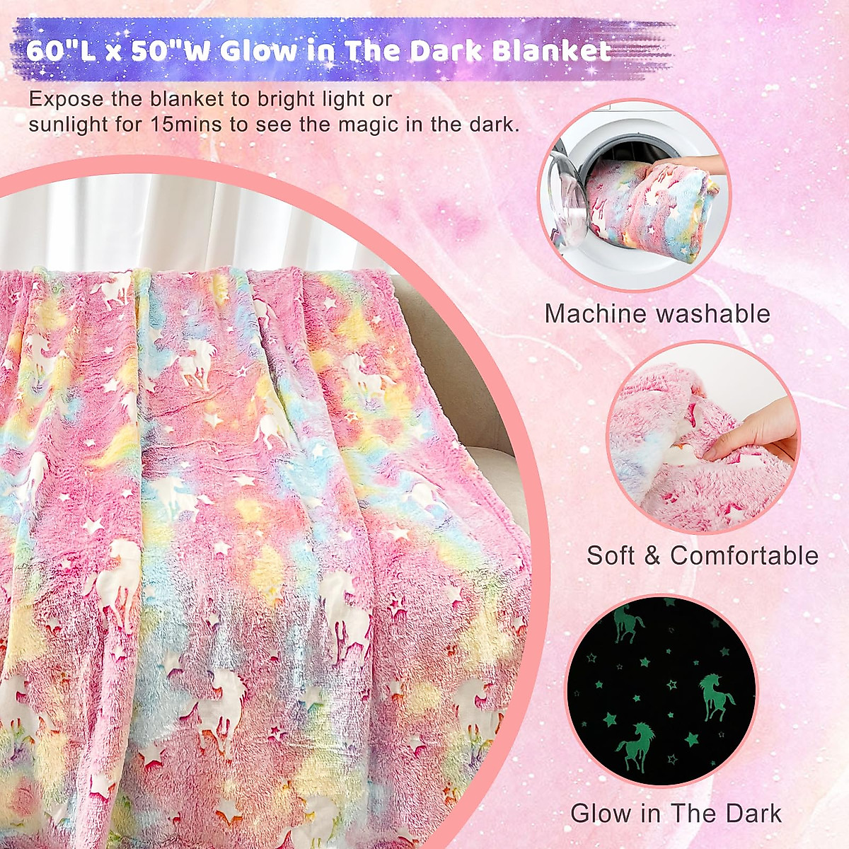 Runeaoys Unicorn Toys for Girls Age 4-6 6-8, Girl Christmas Birthday Thanksgiving Gifts Box for 3 4 5 6 7 8 9 10 Year Old with Unicorn Glow in The Dark Blanket Water Bottle Kairclip Bag