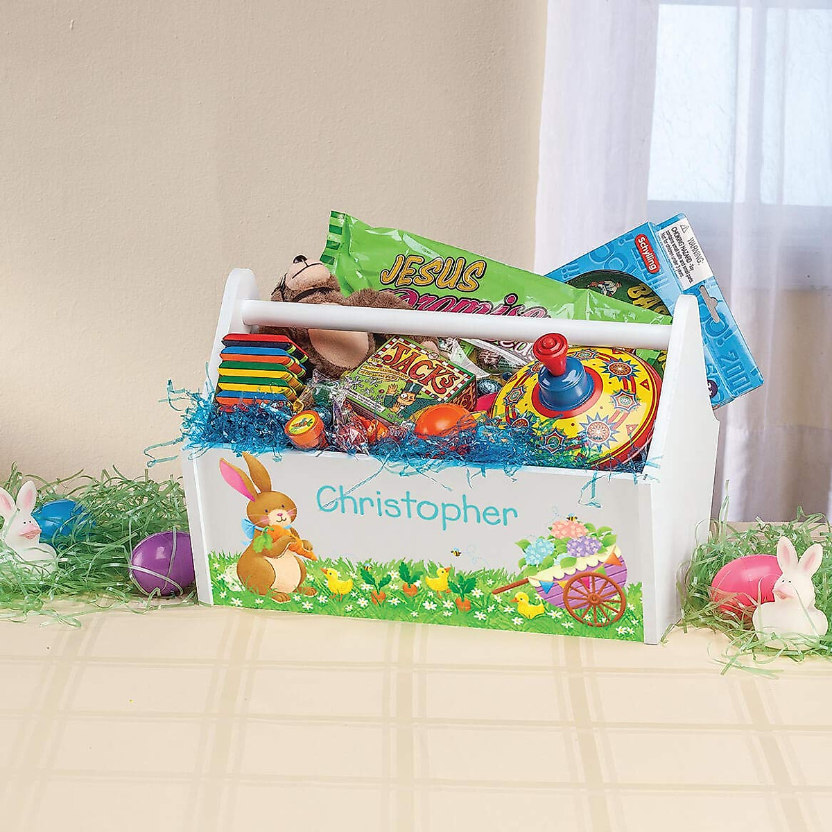 Fox Valley Traders Personalized Kids Easter Toy Caddy, Customized Children’s Wooden Storage Tote with Blue Font, 13” Wide x 9” High