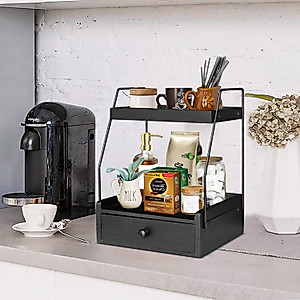Rustic 2 Tier Coffee Bar Accessories Organizer Countertop, Coffee Station Organizer with Drawer, Coffee Pods Holder Condiment Organizer, Wood Countertop Shelf for Kitchen Spice Bathroom Organizer