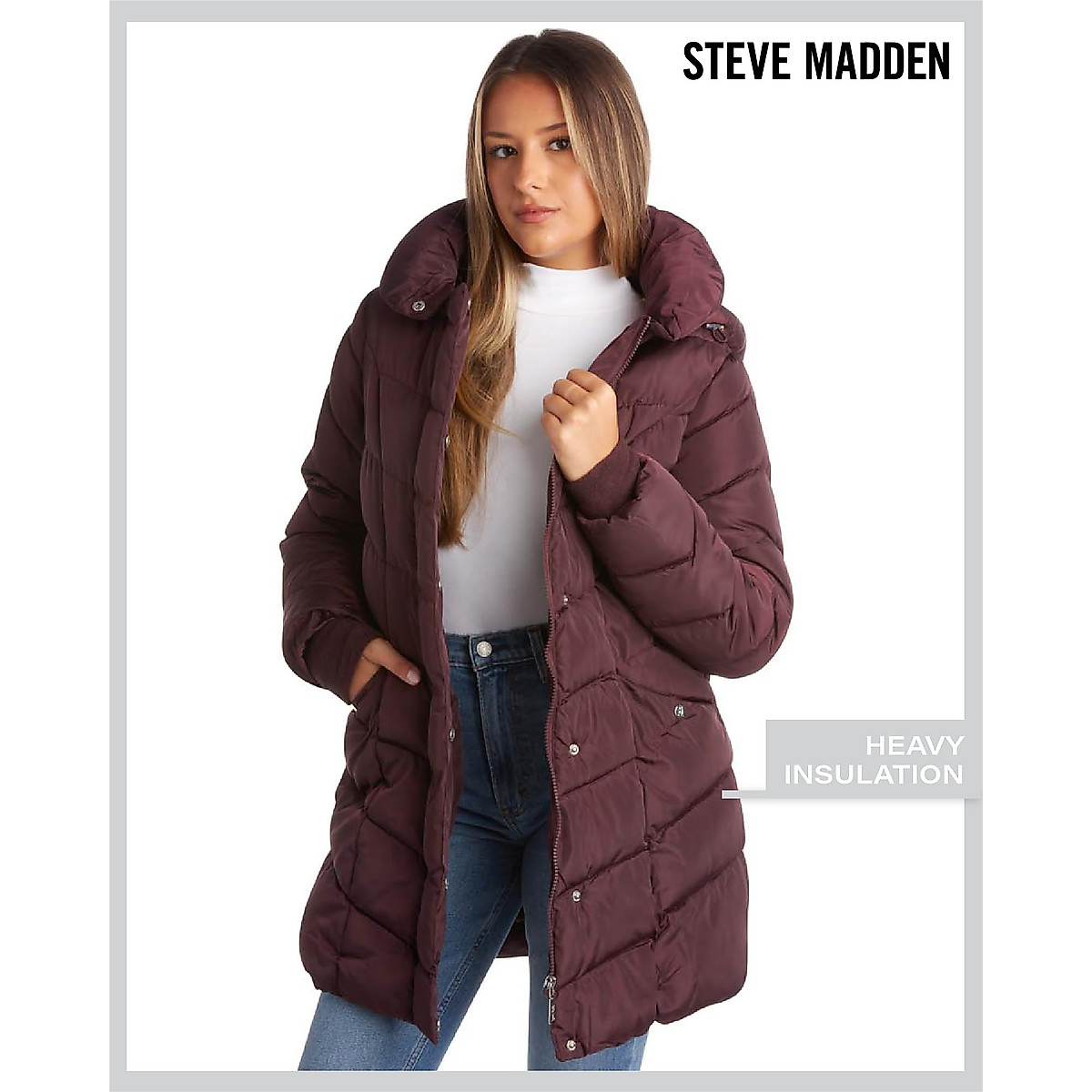 Steve Madden Women's Long Chervron Quilted Outerwear Jacket, Merlot, Medium