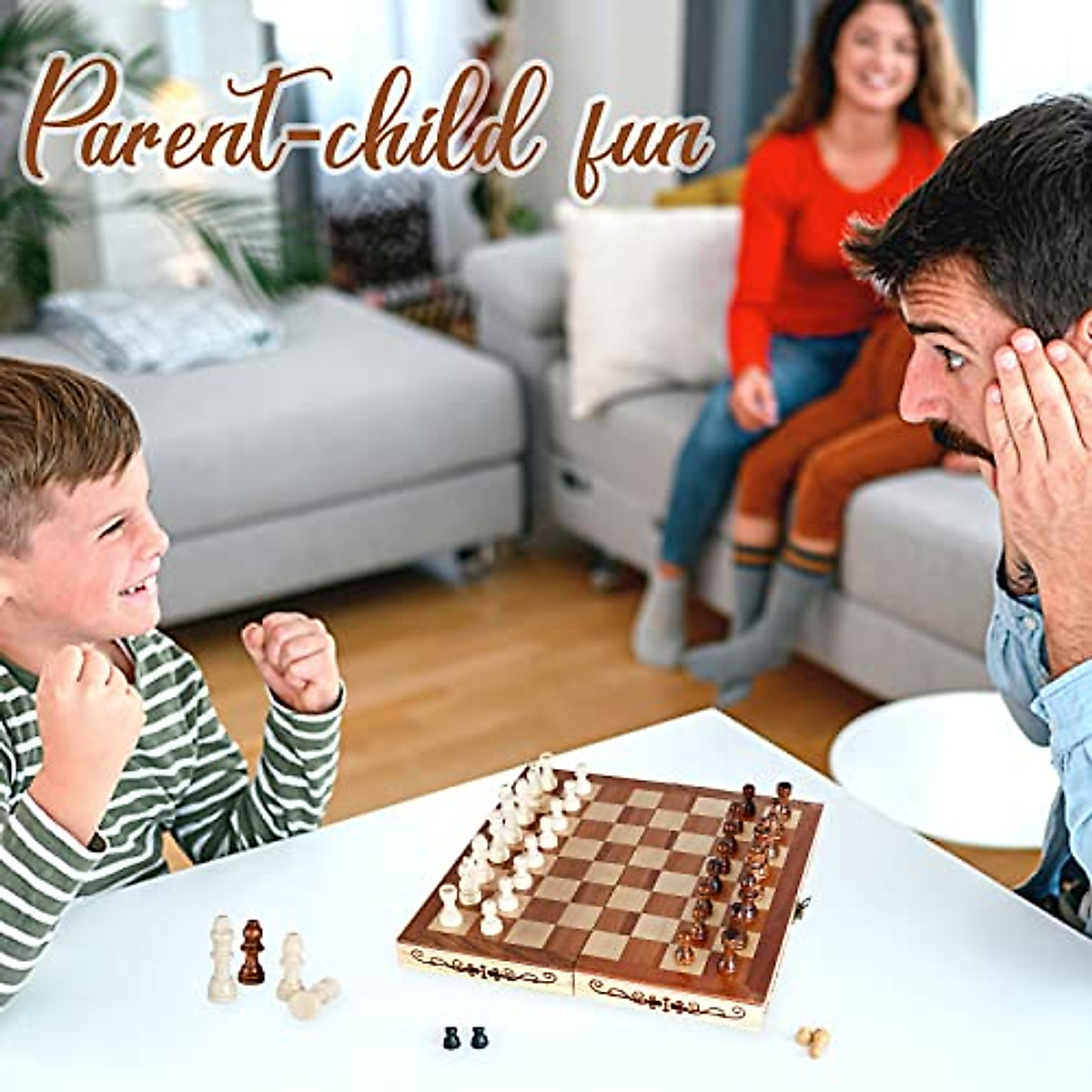 Syrace Chess & Draughts Set Checkers Board Games, Wooden Foldable Hand Crafted Portable Travel Chess Board Game Sets with Game Pieces & Storage Slots Large Size 15.74"