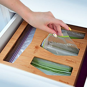 HAUSTUFF Bamboo Ziplock Bag Organizer, Gallon Bags Storage Organizer for Kitchen Pantry, Bamboo Drawer Baggie Organizer for Food Storage - No Assembly Needed
