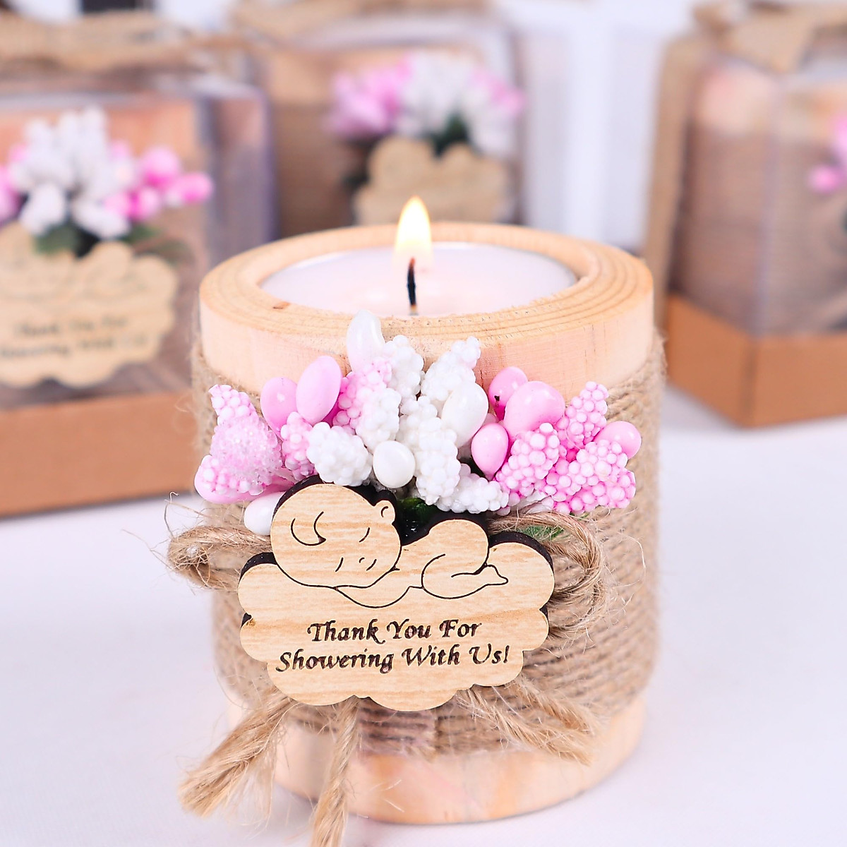 HTF Pack of 10 Baby Shower Decorations Wood Tealight Candle Holder, Baby Shower Gifts, Baby Shower Wood Candle Holders (Baby Shower-Pink, Light Brown)