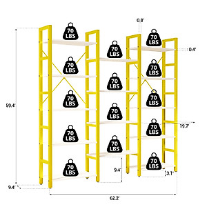 Breezestival 5 Shelf Bookcase, Corner Bookshelf Industrial Bookshelves, Wide Book Shelf with Metal Frame Open Storage Corner Cabinet for Living Room Home Office, Display Storage Rack, Golden