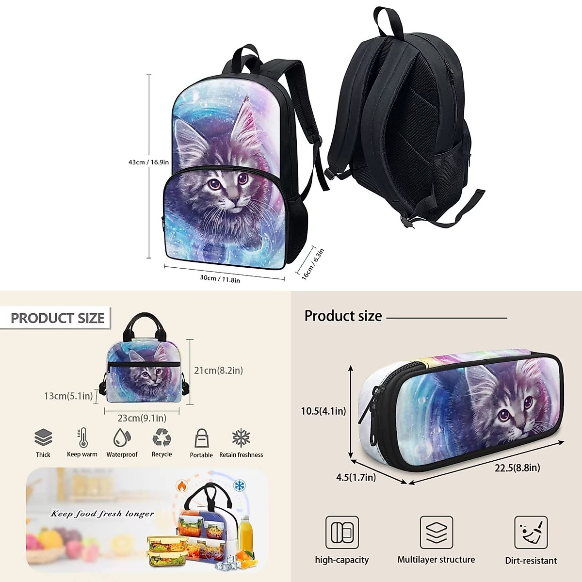 AmzPrint 3Pcs Girls Galaxy Cat Backpack Set Backpack Cat Bookbag With Lunch Box Kids School Bag For Elementary Students