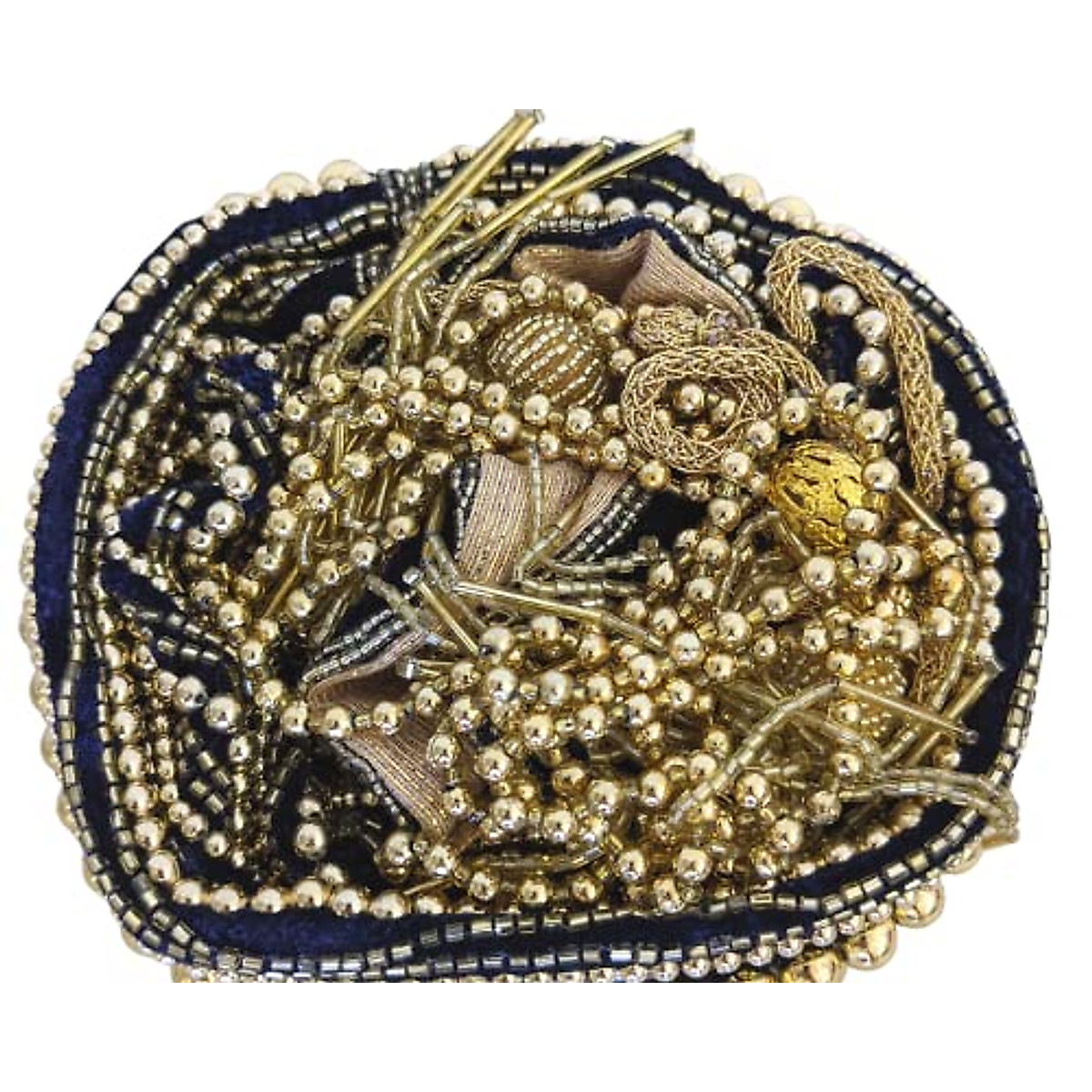 Indian Potli Bag, Bucket Bag Embellished With Golden Motifs For Parties, Weddings, Brides, Festivals, Velvet Purse (Navy)