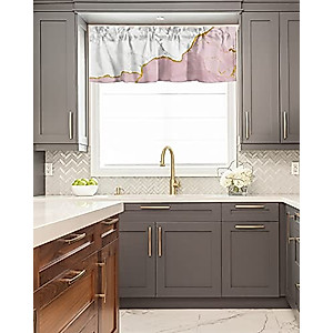 ZFUNCING Kitchen Cafe Valance Curtain for Small Windows,Natural White and Pink Wild Marble Rod Pocket Short Blackout Curtains,Gold Line Stone Texture Window Treatment for Living Room Bedroom Bathroom
