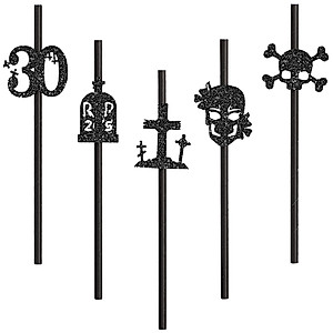 30 Pcs Rip to My 20s Birthday Decorations 30th Birthday Paper Straw Decor Birthday Straws Death to My 20s Decorations with Black Glitter Cut-out, 7.8 Inch (Classic Style)