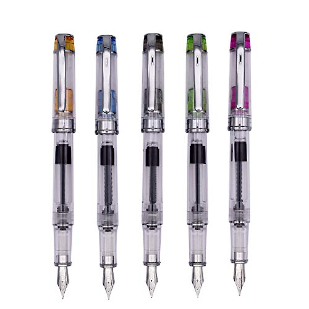 Lanxivi 5 PCS Yongsheng 3003 Fountain Pen Set Demonstrator Transparent Fine Nib with Ink Refill Converter, Perfect for Signature, School, Executive Business