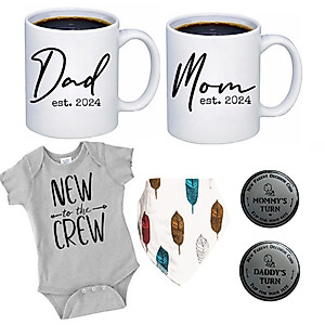Pregnancy Gift Est 2024 -New Parents Gifts- Mom and Daddy Est 2024 11 oz Mug Set - Onesie (0-3M)- Mom and Dad Gift Set for Expecting Parents (Feather Bib 24)