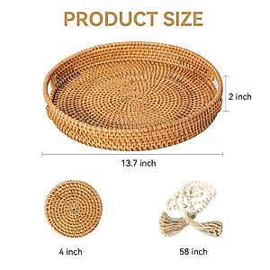 Rattan Tray, Round Rattan Serving Tray, Decorative Wicker Trays with Rattan Coasters and Wood Bead Garland, for Coffee Table Fruit, Bread Serving Basket (13.7 Inch)