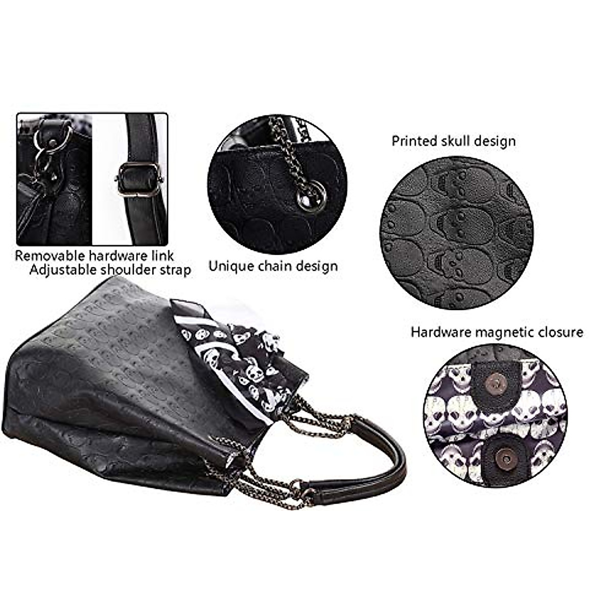 BelonYou Women's 2Pcs kull Purses and Handbag Punk Gothic Hobo Tote Shoulder Bag PU Leathe Black Crossbody Bag Satchels