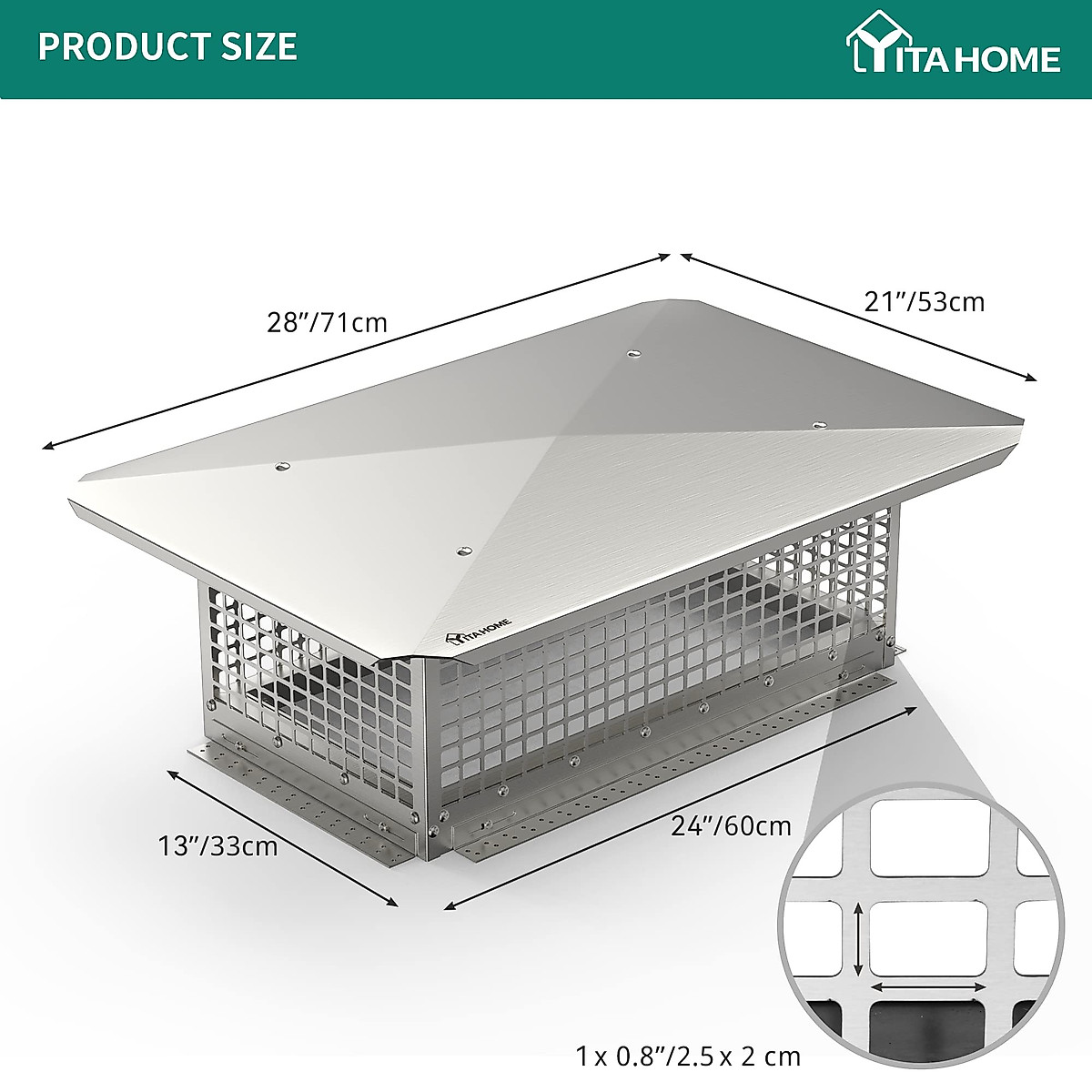 YITAHOME Chimney Cap, 13" x 24" Chimney Cover for Outside, 304 Stainless Steel Fireplace Chimney Caps with Adjustable Metal Strips, Screws & Gloves