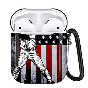 Baseball Player Flag Airpods Case Compatiable with Airpods 1&2 - Airpods Cover with Key Chain, Full Protective Durable Shockproof Personalize Wireless Headphone Case