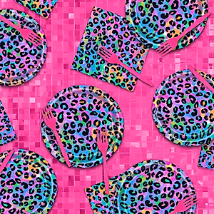 96 Pcs Neon Rainbow Leopard Birthday Tableware Set Girl's Sparkly Paint Splatter Cheetah Party Supplies for 24 Guests Rainbow Leopard Print Pattern Birthday Dinnerware