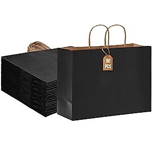 Moretoes 90pcs Black Gift Bags, 16x6x12 Inch Paper Gift Bags Black Kraft Paper Bags with Handles, Shopping Bags in Bulk for Boutiques, Grocery, Mechandise, Party, Gifts & Merchandise