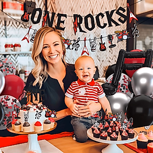 Sinasasspel One Rocks 1st Birthday Decoration Party Banner Balloons Kit Rock And Roll Balloon Garland for Boy Girl First Birthday Party Decor Red Black Guitar Rock Star Party Supplies
