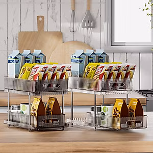 Sellemer Under Sink Organizer: Sliding Kitchen Bathroom Cabinet Organizer, Pull Out Medicine Pantry Organizer with 8 Movable Dividers, 2 Pack Grey and Clear