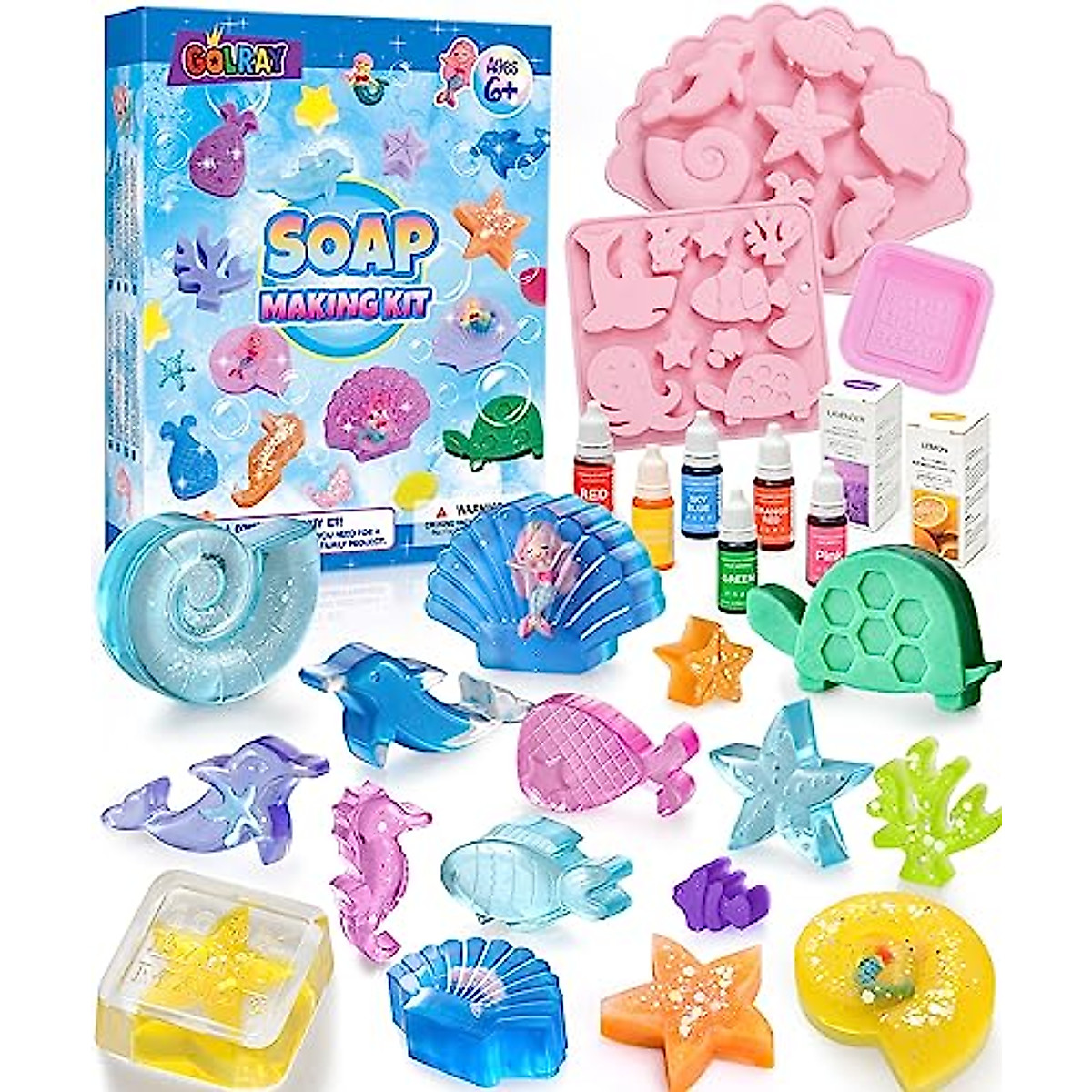 Golray Mermaid Soap Making Craft Kit Kids Toy, 18 Model, 6 Ink, 2 Essential Oil Supply, Art and Craft for Kid Girl Age 8-12 Year Old Ocean Animal Toy Birthday Gift, DIY Science Kits (Create 16+pcs)