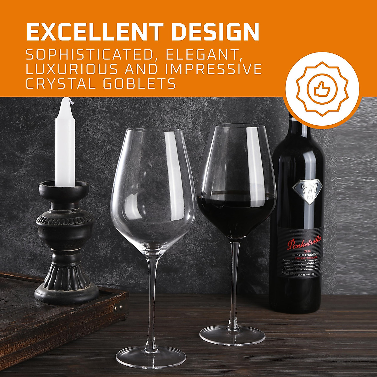 Bruntmor Hand Blown Cabernet Sauvignon Wine & Champagne Glasses Set of 2 - Crystal Red Wine Glass with Stems - Large Size & Break Resistant - For Red & White Wine, Champagne Mothers Day Gifts