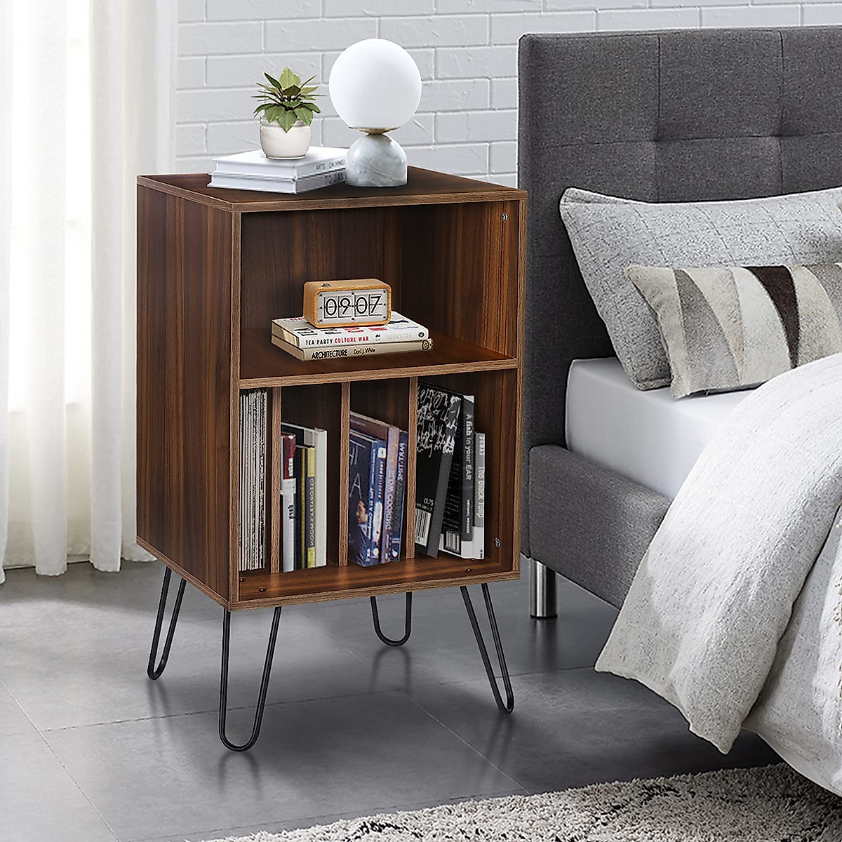 Record Player Stand with Record Storage Vinyl Record Storage Table with Metal Hairpin Legs Turntable Stand Holds Up to 100 Albums for Living Room Bedroom Brown
