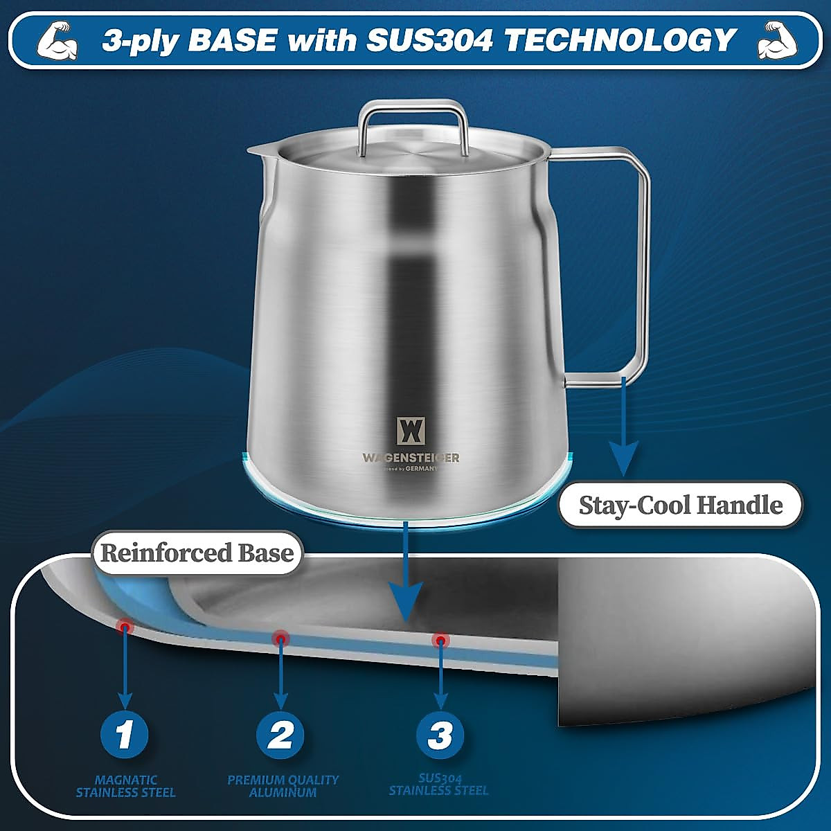 WAGENSTEIGER Stainless Steel Classic Kettle Pot 2.1 Quarts / 2 Liters, Multi-purpose Cooking Pot, Mini Milk Pan, Butter Warmer, On-the-go Saucepan, Ramen Pot, Stovetop Metal Tea/Coffee Pot (606)