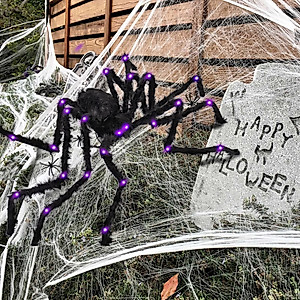 Spider Halloween Decorations Outdoor - 5ft Giant Halloween Spider with Purple Lights and 9ft Spider Wed for Outside Cary Halloween Yard Haunted House Decorations Indoor