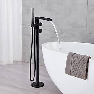 Qinkell Thermostatic Freestanding Tub Filler Floor Mount Waterfall Bathtub Faucet Oil-Rubbed Bronze Bathroom Taps with Handheld Shower