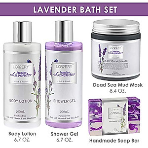 Birthday Gifts Jasmine Lavender Bath and Body Gift Set, Luxury Bath Essentials with Shea Butter - Home Spa Kit - Dead Sea Mud Mask, Shower Gel, Body Lotion & Handmade Soap in an Elegant Tin Box