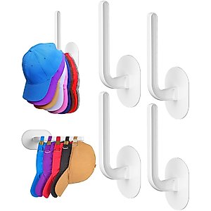 Eiito Hat Rack for Wall(4 Pack),Hat Organizer for Baseball Caps,Multi-Purpose Hat Rack,Hat Organizer Holds 10 Caps,Two Mounting Options,Self-Adhesive and Drilled (White)