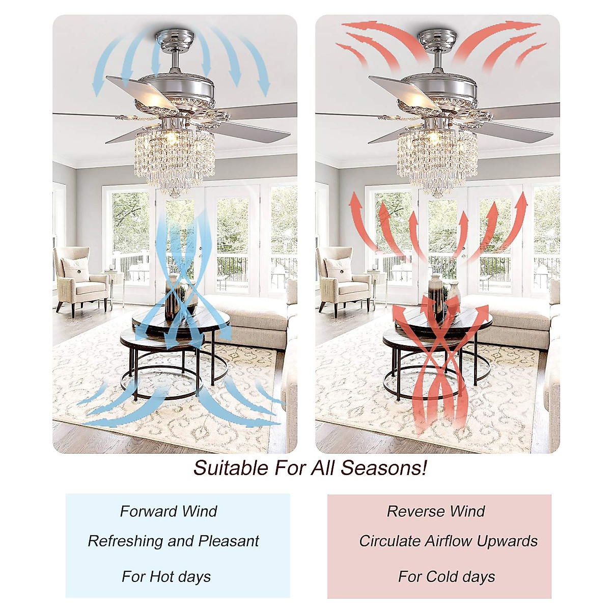 Moooni 52 Inch Modern Crystal Ceiling Fan with Lights and Remote, Elegant Chandelier Fan Light KIt Fandelier with 5 Wooden Blades for Bedroom Living Room Silver