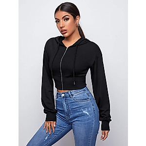 WDIRARA Women's Drop Shoulder Zip Up Drawstring Hoodie Black XL