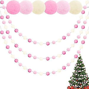 Jishi 3-Pack Pom Pom Garland Pink Felt Ball Ornament Garland Christmas Decorations, Cute Pompom Strings for Christmas Tree Decor, Xmas Holiday Party, Birthday Banner - 6.6 Feet Long, 24 Balls 25mm