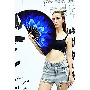 Amajiji Large Folding Fan, Rave Festival Accessories for Men/Women, Chinease/Japanese Bamboo Hand Fan, Performance Decoration Gift Dance Handheld Fan (Blue Flowers)