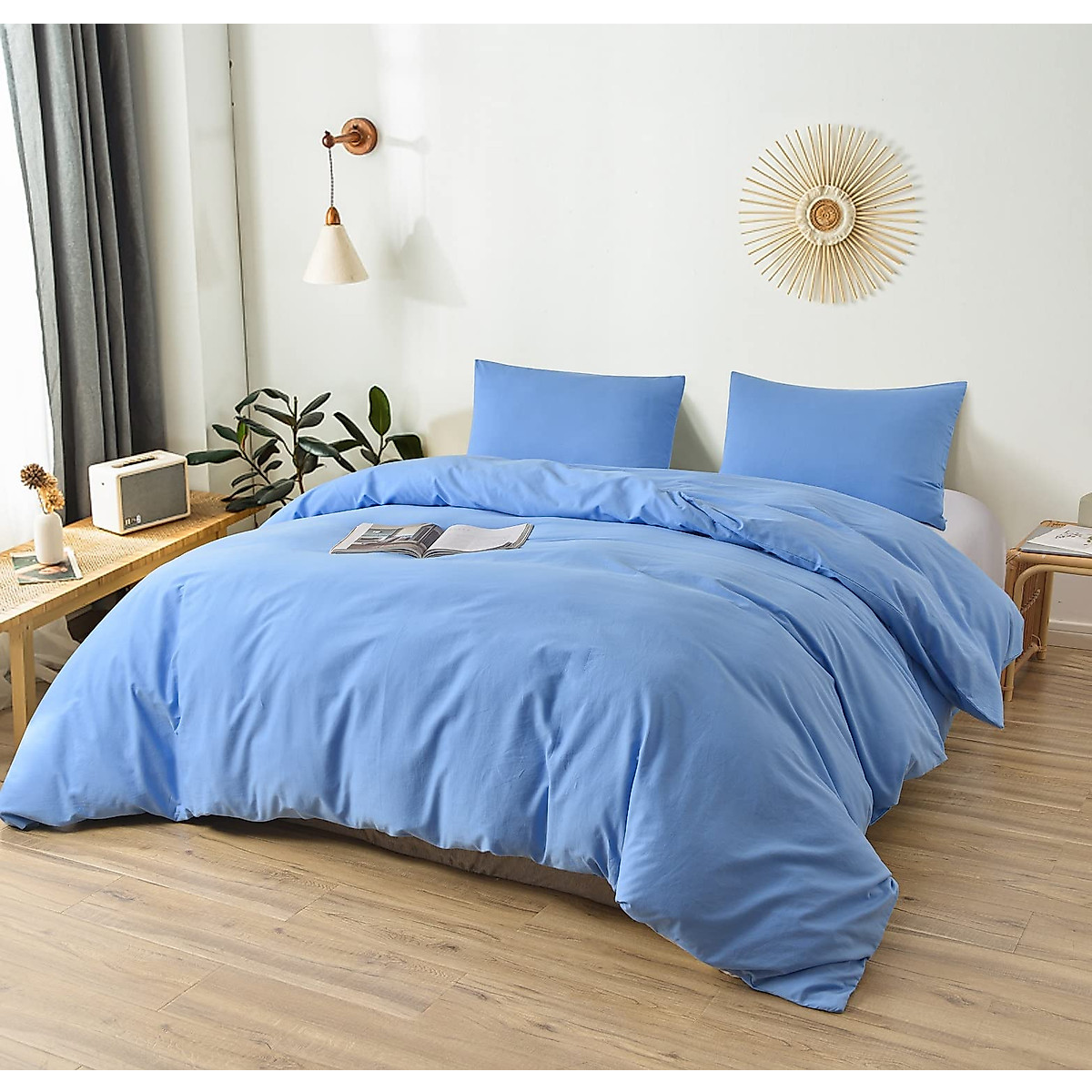 Colourful Snail 100-Percent Natural Washed Cotton Duvet Cover Set, Ultra Soft and Easy Care, Zipper Closure, Corner Ties, Simple Bedding Style, King, Blue (Comforter Not Included)