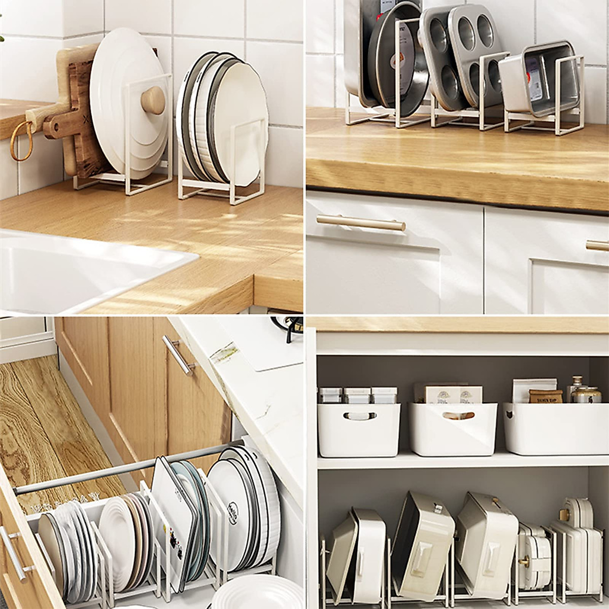 ZOOFOX 3 Pack Plate Holder Organizer, Upright Metal Dish Storage Stand, Dying Display Rack for Kitchen Cabinet, Counter and Cupboard ( Small and Large, White )