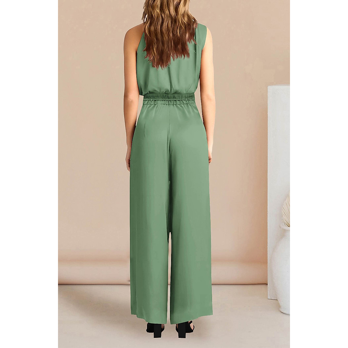 PRETTYGARDEN Women's 2 Piece Outfits 2024 Summer Casual Sleeveless Mock Neck Crop Tops Wide Leg Pants Set (Light Green,Large)