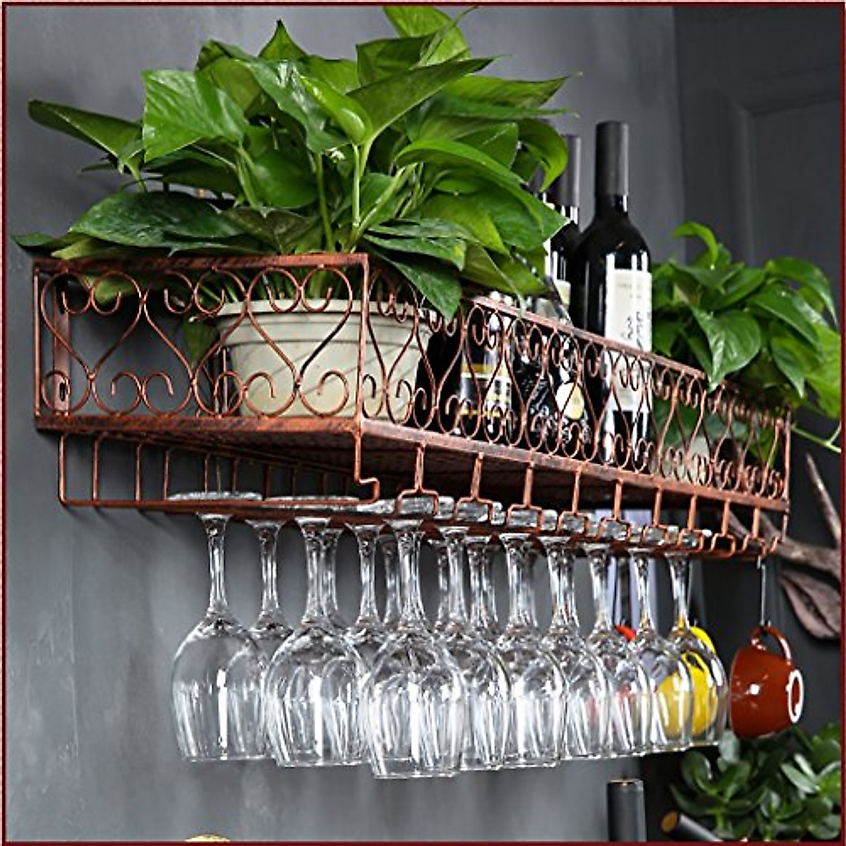 Stylish Simplicity European Hanging Wine Rack Goblet Rack Creative Upside Down Wine Glass Rack Restaurant Bar Wrought Iron Rack Wall Hanging Wine Racks, PIBM, Bronze, 60 * 25cm