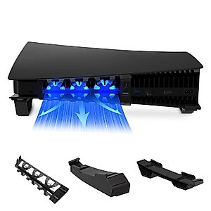 NexiGo PS5 Accessories Black Series, PlayStation 5 Horizontal Stand [Minimalist Design], PS5 Cooling Fan with LED Light, Compatible with Both Disc and Digital Editions